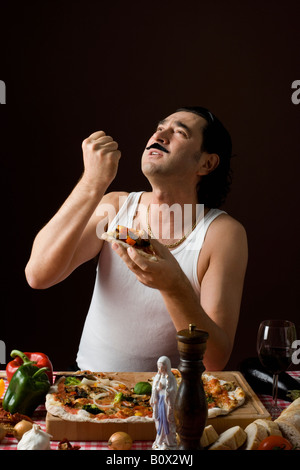 Stereotypical Italian Man Eating pizza and gesturing with hand Stock ...