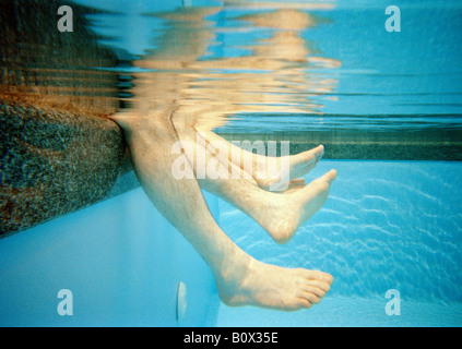 four people legs underwater in the swimming pool. Friends. Party ...