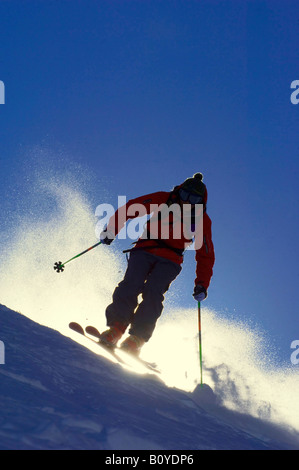 Front view, dynamic photo of skier bends into aerodynamic pose, skis ...