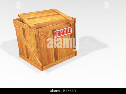 Open wooden crate with fragile sticker Stock Photo - Alamy