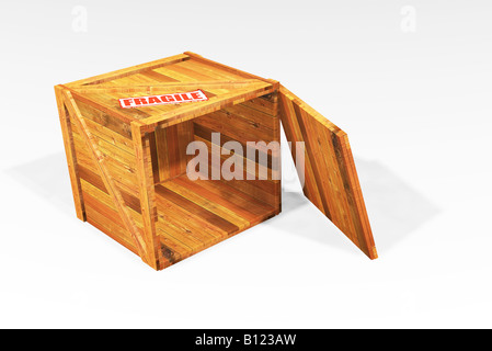 Open wooden crate with fragile sticker Stock Photo - Alamy
