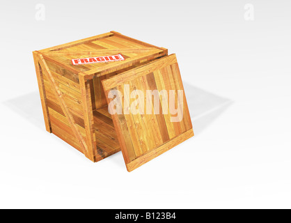 Open wooden crate with fragile sticker Stock Photo - Alamy