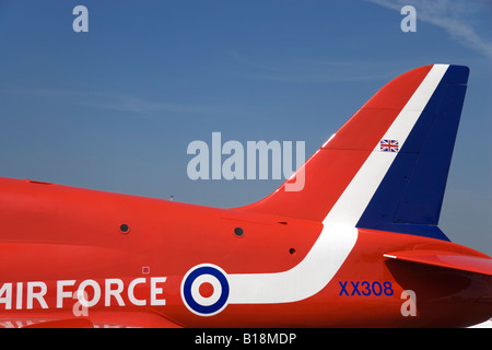 Colourful red white and blue tail of a BAE Systems Hawk aircraft of the ...