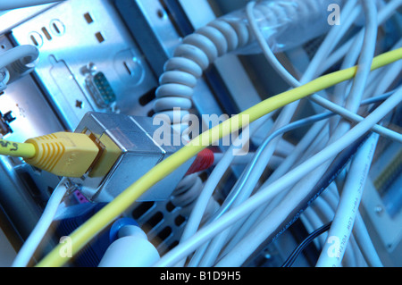 Data transfer computer connector with tangled cables on white ...