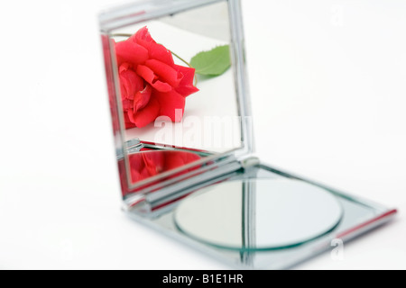 Open mirror with reflection of a red rose Stock Photo - Alamy