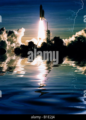 The Space Shuttle Discovery night launch in Cape Canaveral, Florida on ...