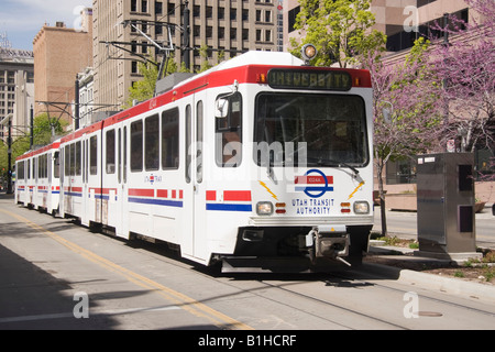 Trax commuter light rail train on Main Street in downtown Salt Lake ...