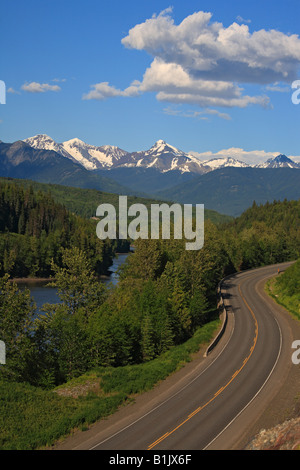 View of Skeena river and mountains along Highway 16 near Kitseguecla BC ...