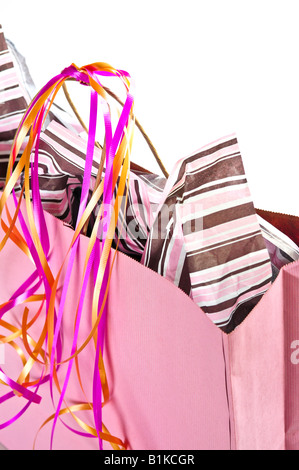 Pink shopping bag with ribbons isolated on white background Stock Photo ...