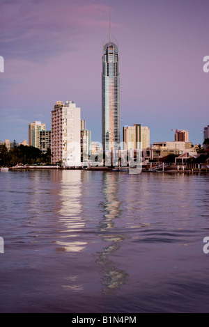 Twilight view across Nerang River to Southport from The Spit at Surfer ...