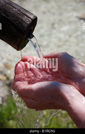 Hands cupping water, spring water from a fountain, Ramsau Church ...