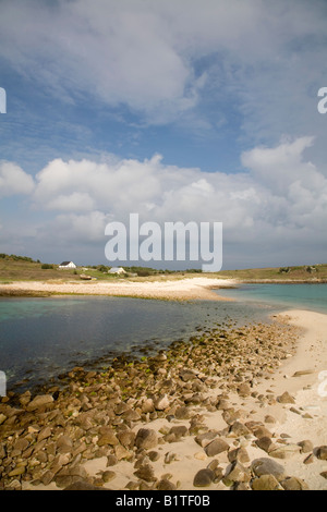 The sand bar between Gugh and St Agnes islands in the Scilly Isles ...