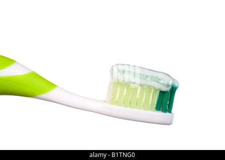Toothbrush with toothpaste isolated shows the essentials for healthy ...