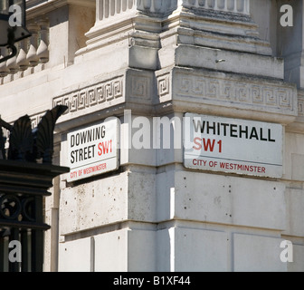Road sign for Downing Street in postcode SW1, City of Westminster ...