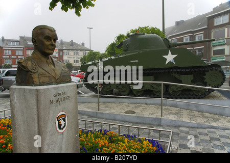 A Sherman tank and the General McAuliffe memorial pictured on the ...