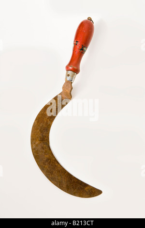 old rusty sickle with wooden handle cutout on white background Stock ...