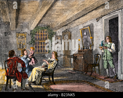 Dutch colonial family at home in New Netherland 1600s. Hand-colored ...