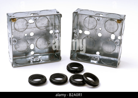 Two single metal earthed electrical socket backbox and grommets Stock ...
