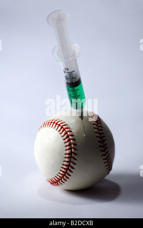 Baseball and syringe symbolize the illegal use of performance enhancing ...