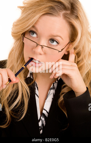 Girl trying solve problem thinking solution make hmm face smirk ...