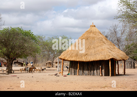 Rural Mozambique village with thatched huts and grain barns on ...