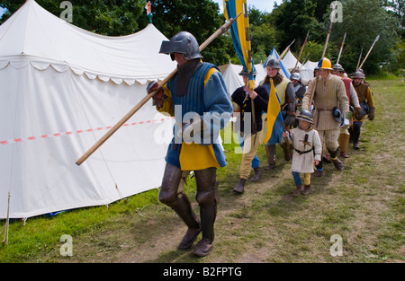 Column of medieval soldiers march at Tewkesbury Medieval Festival ...