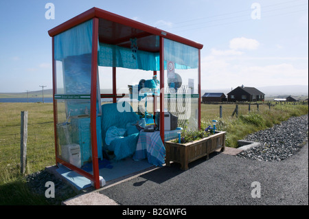 Blue themed and decorated bus stop near Baltasound, Unst, Shetland ...
