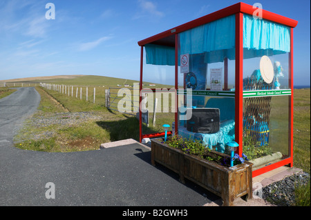 Blue themed and decorated bus stop near Baltasound, Unst, Shetland ...