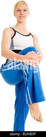 Dynamic portrait of young flexible woman doing backbend and typing on ...