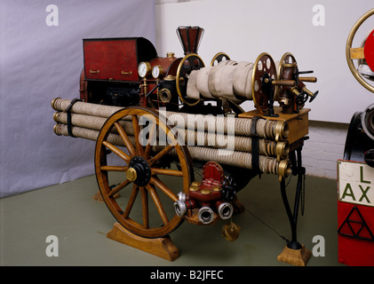 fire, fire brigade, fire engine, hand-drawn fire apparatus, A ...