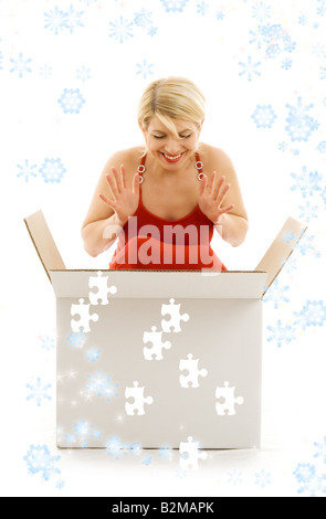 Thankful happy cute attractive blond young 25s woman in winter hat ...