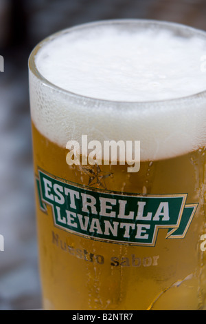 Pint glass of Estrella lager beer on a table lit from behind Stock ...