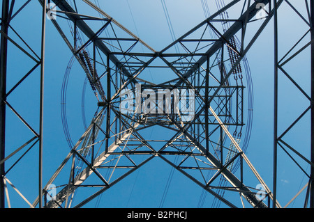 UK high voltage electricity pylon. Showing arcing horns, glass ...