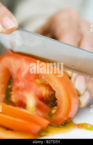 A person holds a ripe red tomato in their hand. The background shows ...
