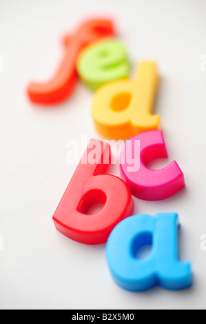 Coloured plastic letters spelling out abcdefg to illustrate learning ...