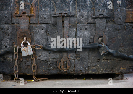 Padlocked and chained parish chest inside ancient church Stock Photo ...