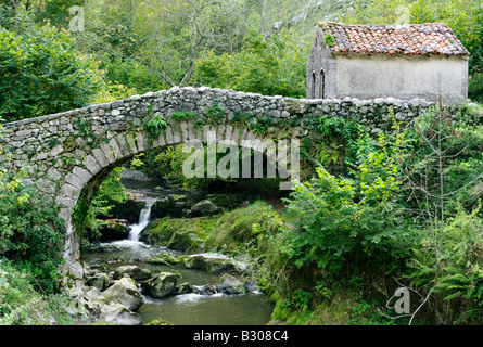 Bridge and house over Duje river, Spain, Asturias, Picos De Europa ...