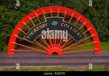 Pit wheel at entrance to Thoresby Colliery near village of Edwinstowe ...