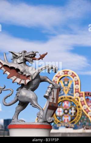 A dragon sculpture on London Bridge in London, UK. There are various ...