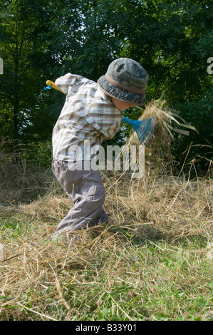 Small boy raking hay Stock Photo - Alamy