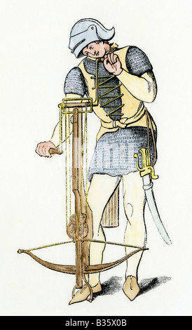 A Genoese crossbowman winding up, or bending his crossbow. They were a ...