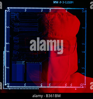 Multiple exposure of female technician and mask used in computer chip ...