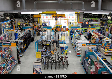 inside the retail store of a halfords shop on a retail estate selling ...