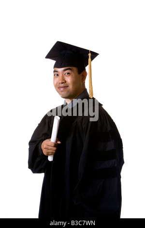 Model in graduation robes and regalia holding a diploma Stock Photo - Alamy