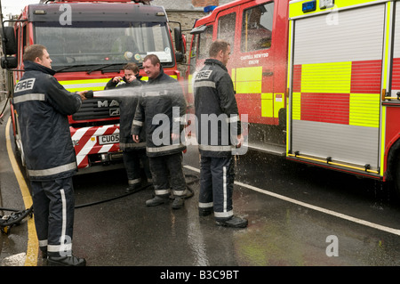 Fire brigade attending an incident at Cardigan west wales UK - woman ...