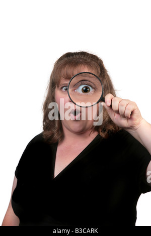 Funny woman looking something in big box Stock Photo - Alamy