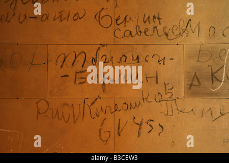 Soviet soldiers inscriptions inside the Reichstag building in Berlin ...