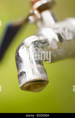 Simple metal water tap on the green wall Stock Photo - Alamy