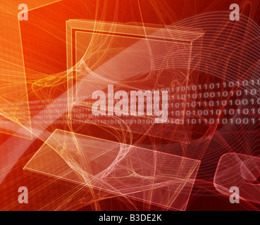 Digital collage illustration of a computer workstation with data flows ...