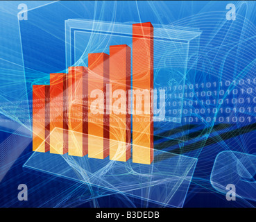 Digital collage illustration of a computer workstation with data flows ...